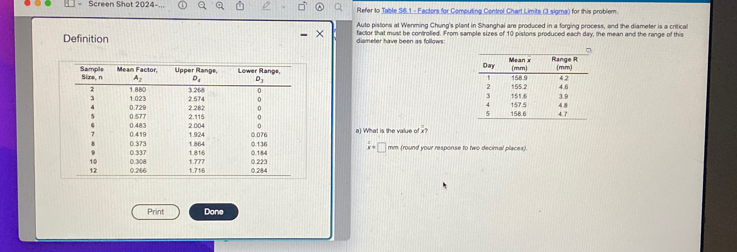 Solved DefinitionRefer to Table S6.1 - ﻿Factors for | Chegg.com