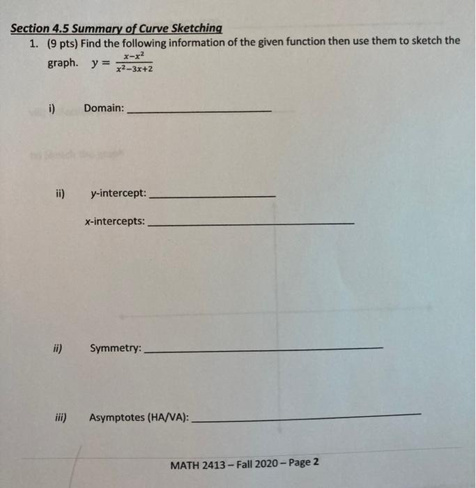 Solved Section 4.5 Summary of Curve Sketching 1. (9 pts) | Chegg.com