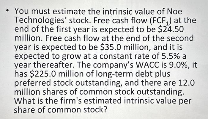 Solved You must estimate the intrinsic value of Noe | Chegg.com