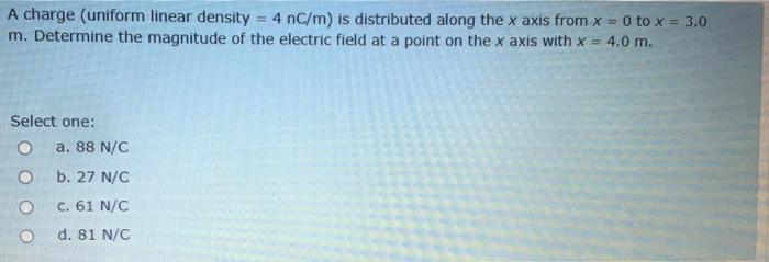 Solved A charge (uniform linear density = 4 nC/m) is | Chegg.com