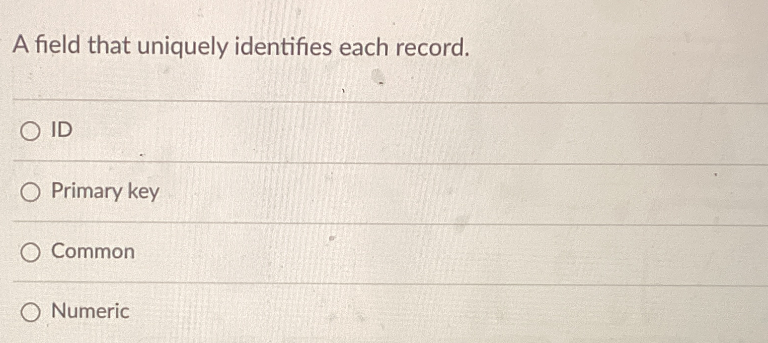 A field that uniquely identifies each | Chegg.com