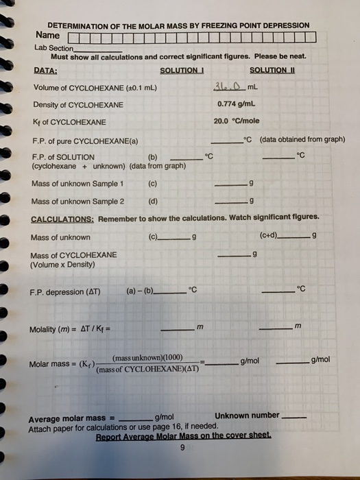 DETERMINATION OF THE MOLAR MASS BY FREEZING POINT | Chegg.com