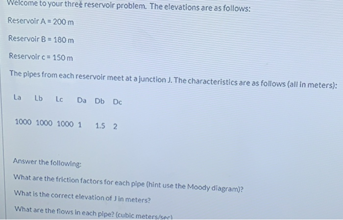 Solved Welcome to your three reservoir problem. The | Chegg.com