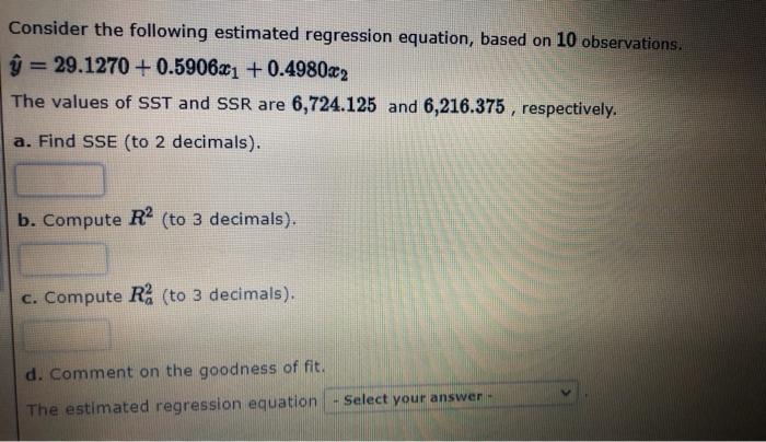 Solved Consider the following estimated regression equation, | Chegg.com
