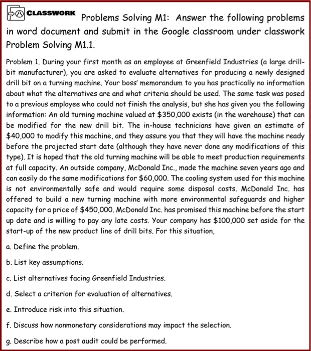 Solved CLASSWORK Problems Solving M1: Answer the following | Chegg.com