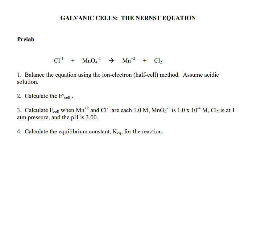 GALVANIC CELLS: THE NERNST | Chegg.com