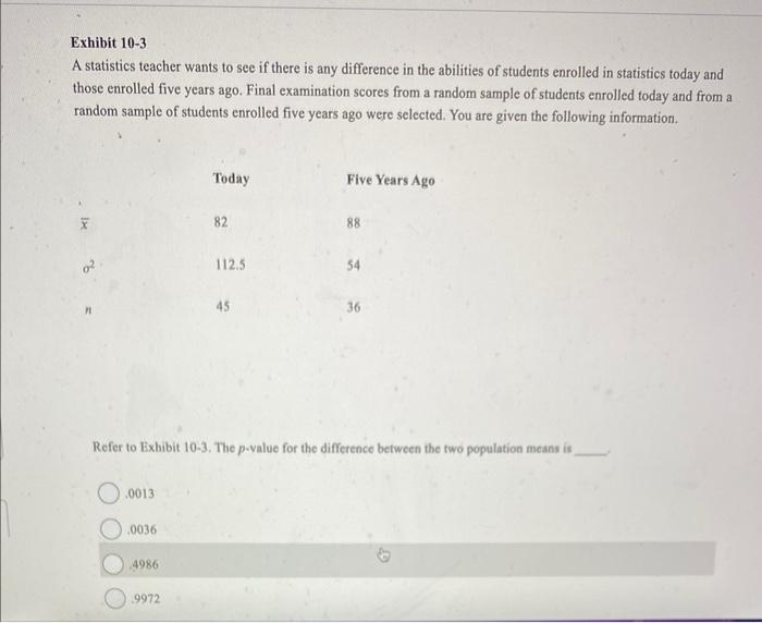 Solved Exhibit 10-3 A statistics teacher wants to see if | Chegg.com