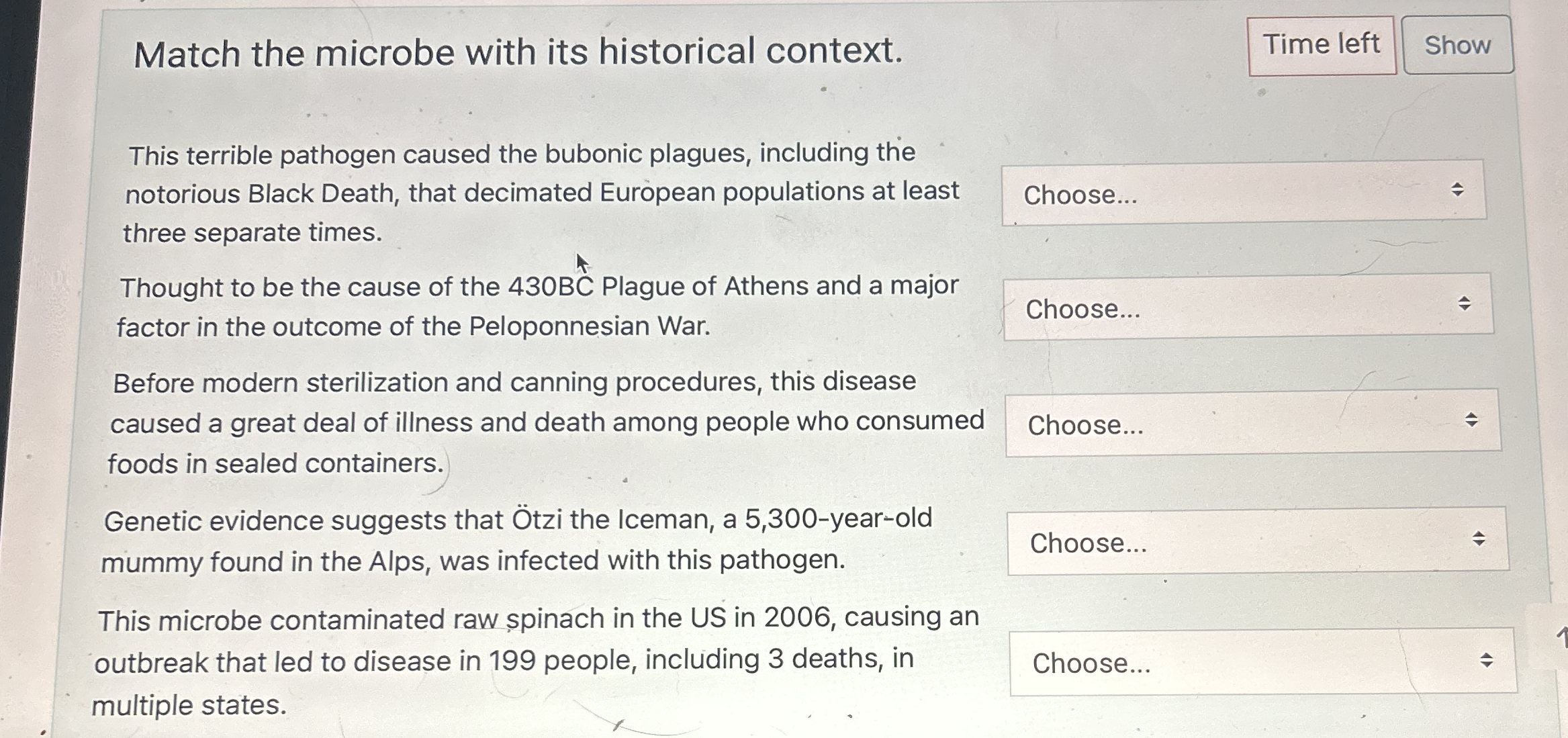 Solved Match the microbe with its historical context.This | Chegg.com