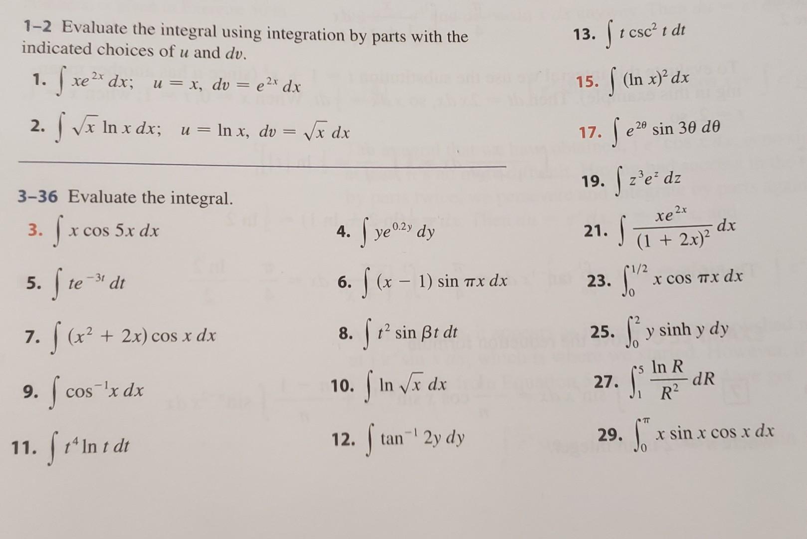 Solved 1-2 Evaluate the integral using integration by parts | Chegg.com