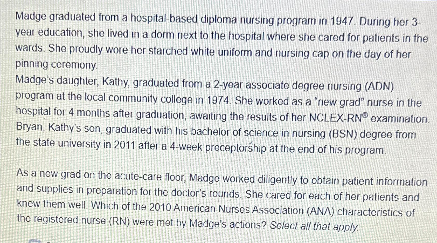 Solved Madge graduated from a hospital-based diploma nursing | Chegg.com
