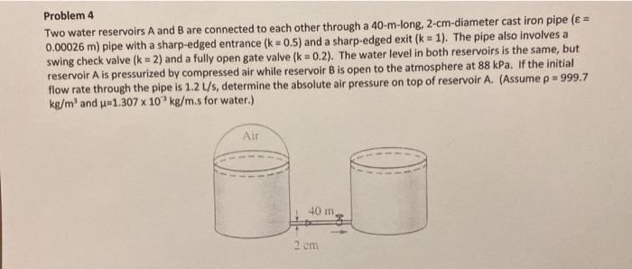 Solved Problem 4 Two water reservoirs A and B are connected | Chegg.com