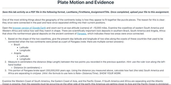 Plate Motion and Evidence Save this lab activity as a | Chegg.com