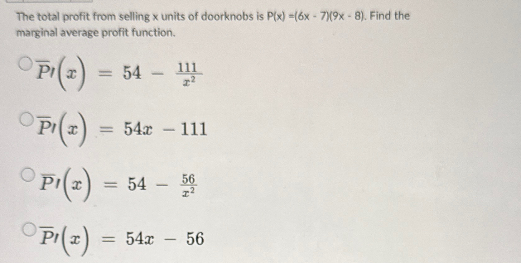 Solved The total profit from selling x ﻿units of doorknobs | Chegg.com