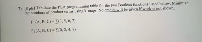 Solved 7) [8 pts] Tabulate the PLA programming table for the | Chegg.com