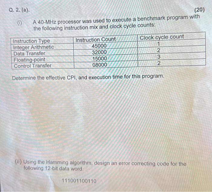 Solved Q. 2. (a). (20) (i) A 40-MHz processor was used to | Chegg.com