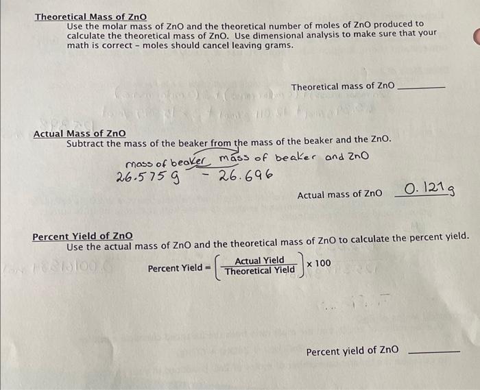 Solved how do i find the Theoretical Moles of ZnO and | Chegg.com