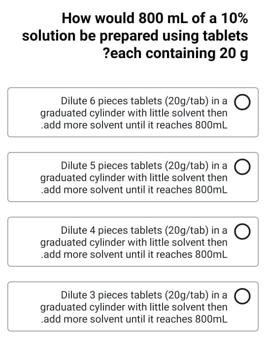 Solved How would 800 mL of a 10% solution be prepared using | Chegg.com