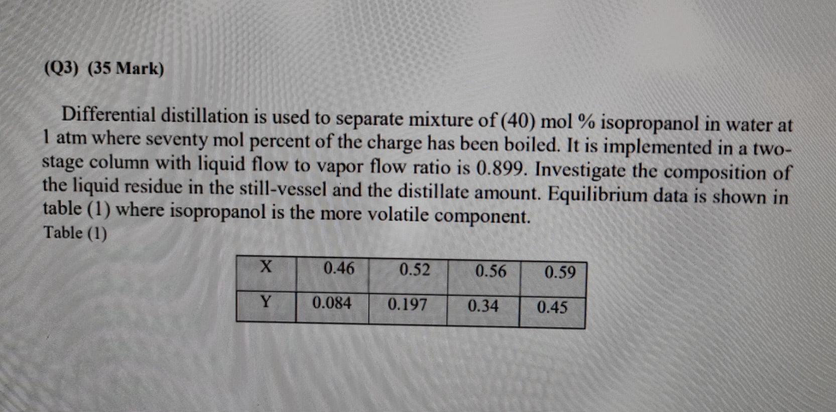 Solved (Q3) (35 Mark) Differential distillation is used to | Chegg.com