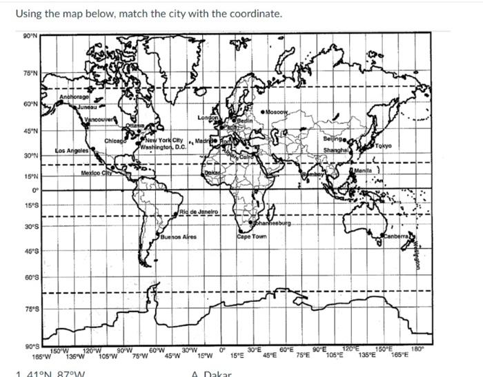 Solved Using the map below, match the city with the | Chegg.com