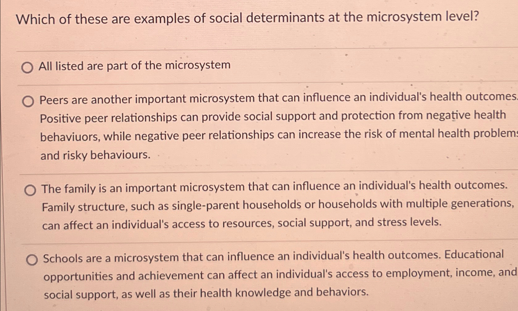 Solved Which of these are examples of social determinants at | Chegg.com