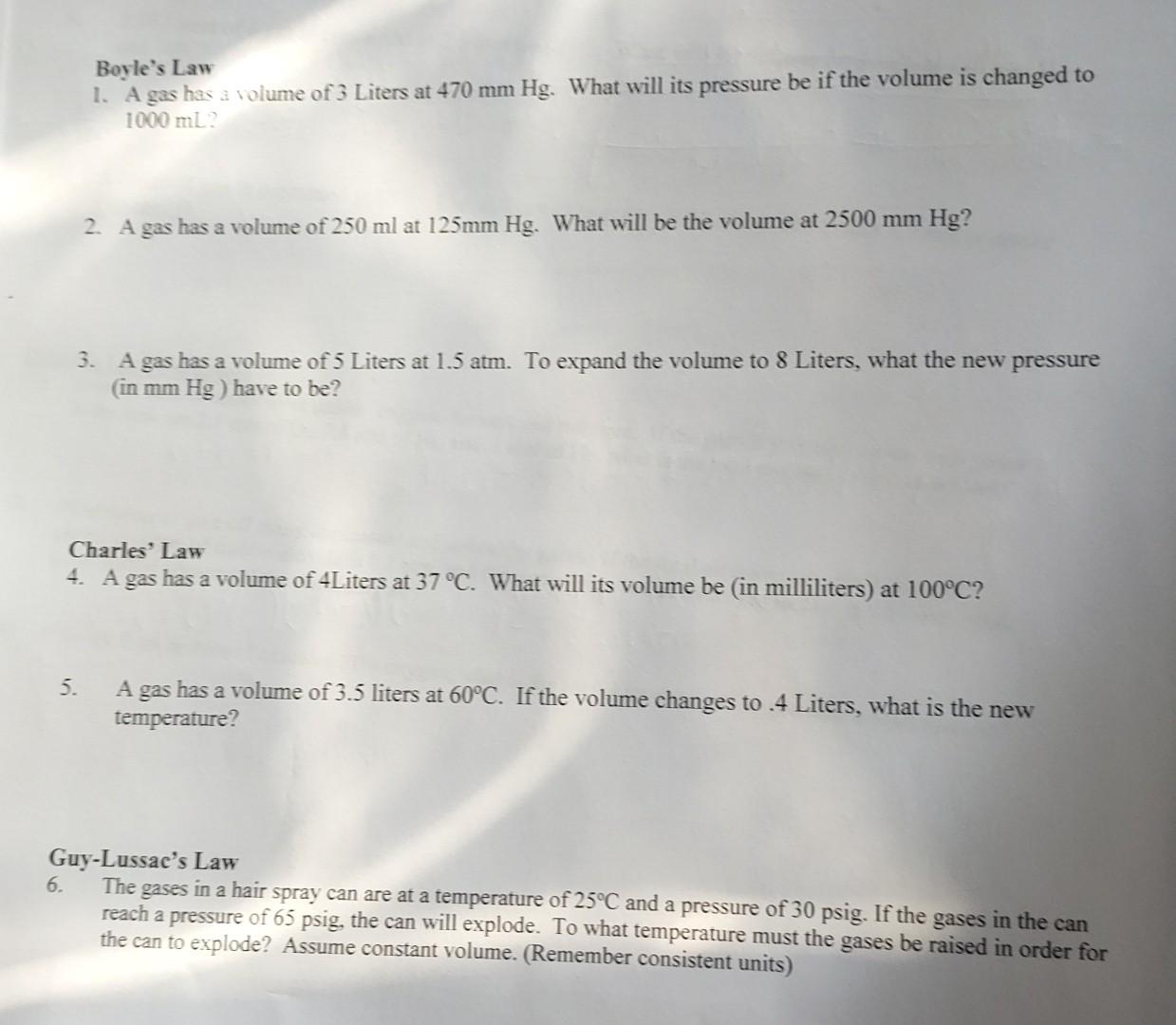 Solved Boyle's Law 1. A gas has a volume of 3 Liters at 470 | Chegg.com