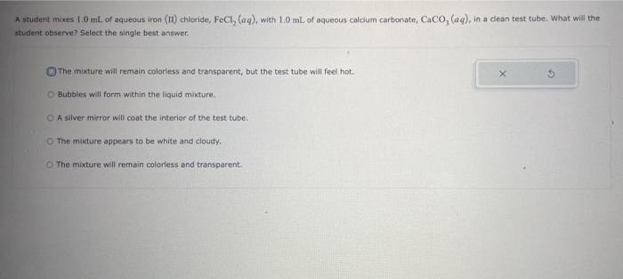 Solved A student mixes 1.0 mL of aqueous iron (II) chloride, | Chegg.com