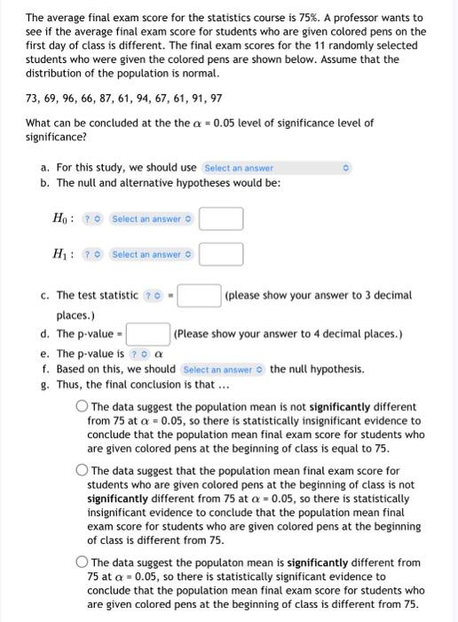 Solved The average final exam score for the statistics | Chegg.com