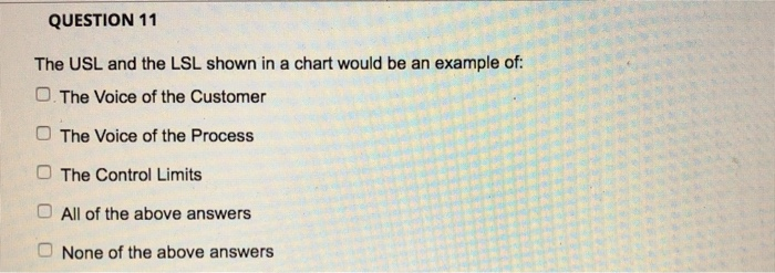 Solved QUESTION 11 The USL and the LSL shown in a chart | Chegg.com