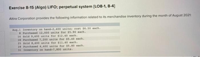 Solved Exercise 8-15 (Algo) LIFO; perpetual system (LO8-1, | Chegg.com
