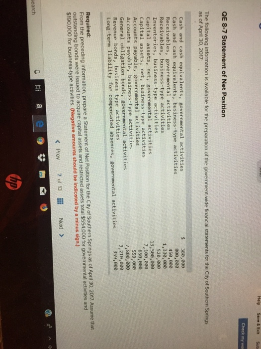 Solved Help Save & Exit Sub Check my wo QE 8-7 Statement of | Chegg.com
