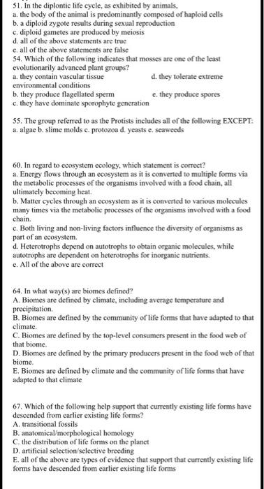 Solved a 51. In the diplontic life cycle, as exhibited by | Chegg.com