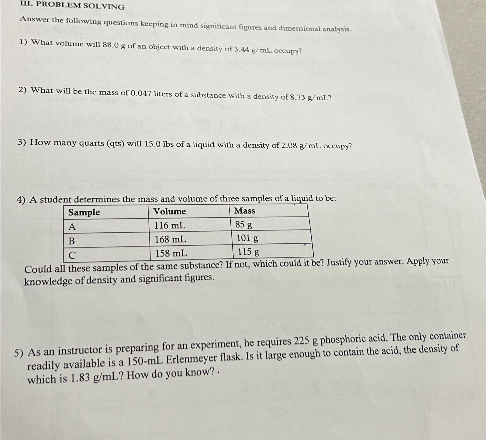 Solved III. PROBLEM SOLVINGAnswer the following questions | Chegg.com
