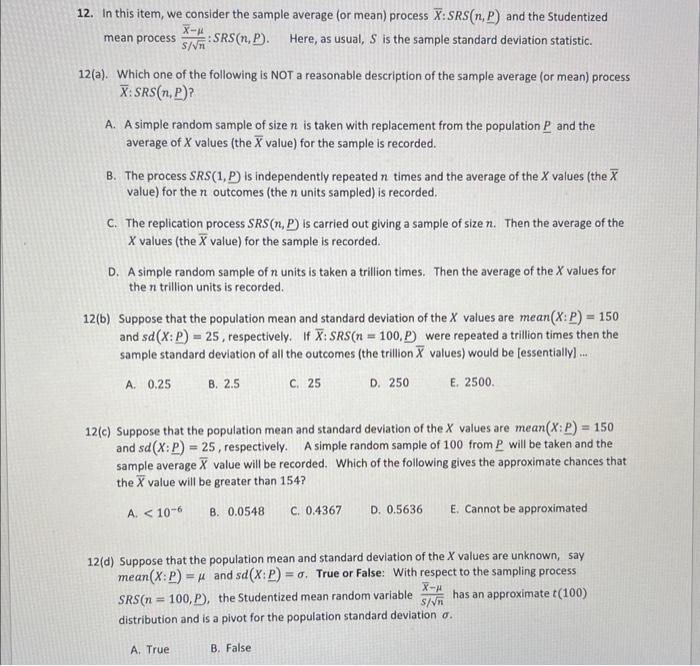 Solved 12. In this item, we consider the sample average (or | Chegg.com