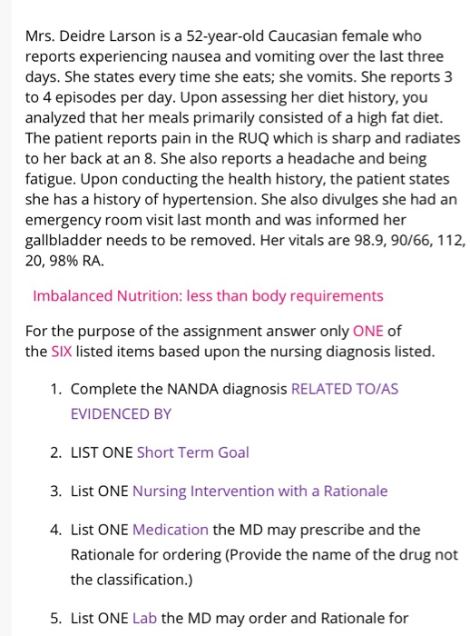 Solved Mrs. Deidre Larson is a 52-year-old Caucasian female | Chegg.com