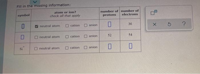 Solved Fill in the missing information: atom or ion? check | Chegg.com