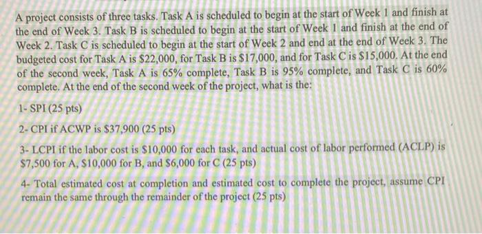 Solved A project consists of three tasks. Task A is | Chegg.com