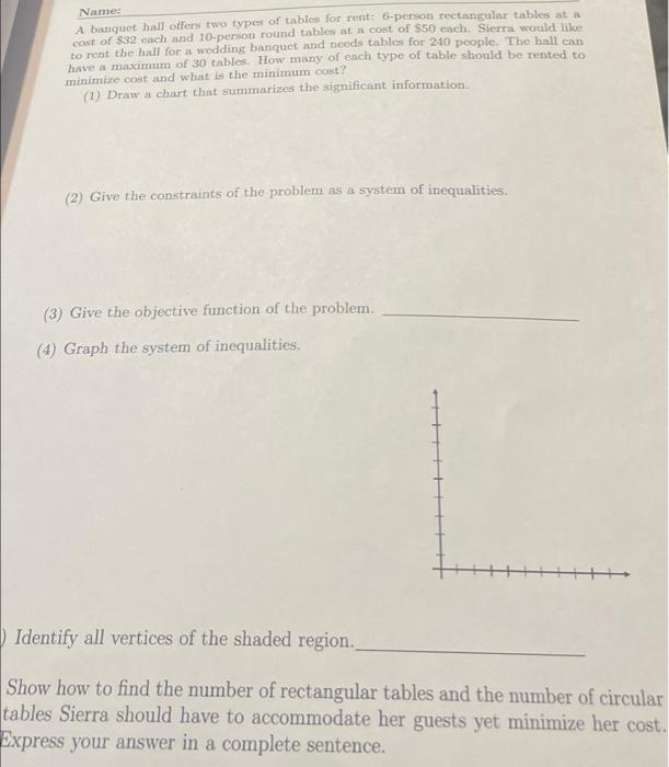 Solved Name: A banquet hall offers two types of tables for | Chegg.com