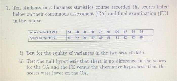 Solved 1. Ten students in a business statistics course | Chegg.com