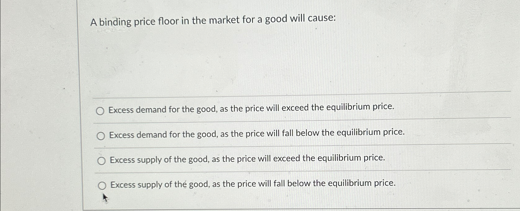 Solved A binding price floor in the market for a good will | Chegg.com