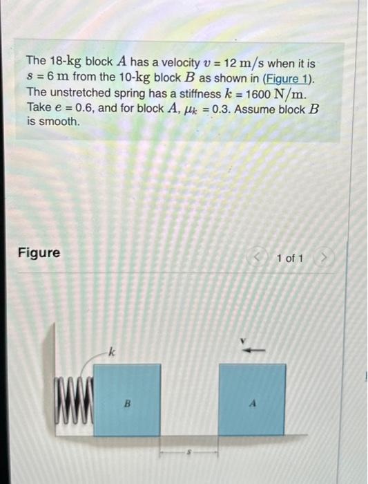 The 18−kg block A has a velocity v=12 m/s when it is | Chegg.com