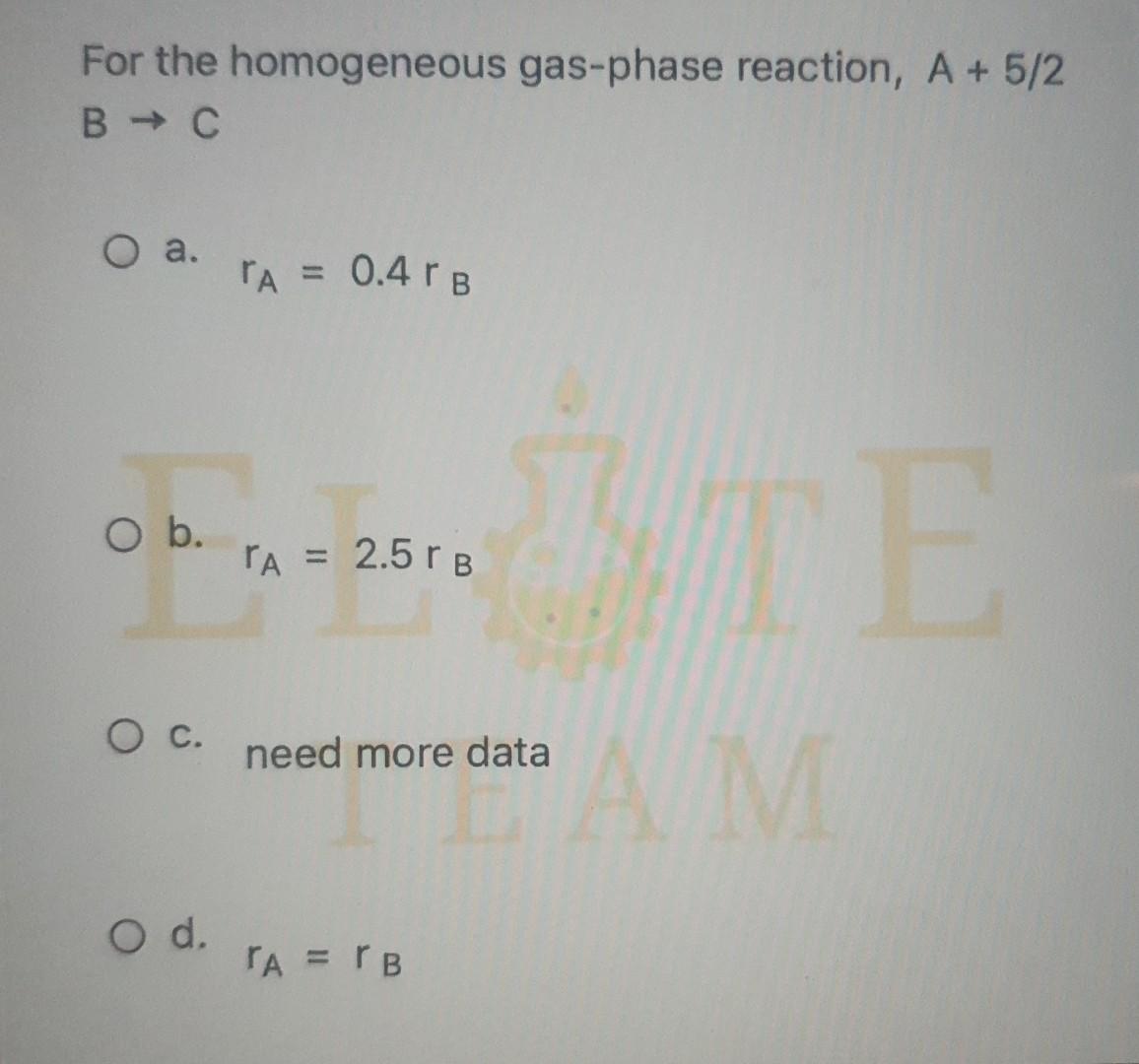 Solved For the homogeneous gas-phase reaction, A + 5/2 B C | Chegg.com