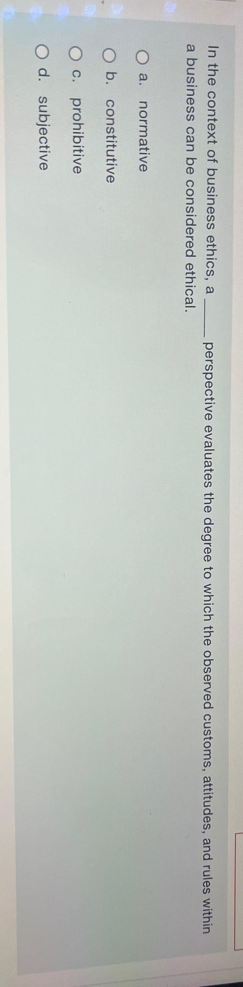 Solved In the context of business ethics, a perspective | Chegg.com