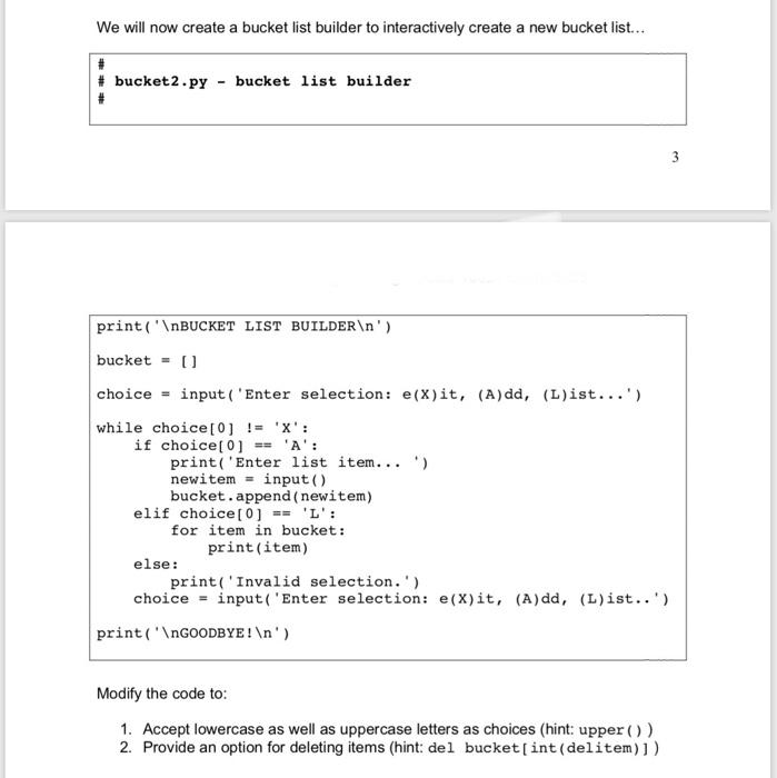 Solved We will now create a bucket list builder to | Chegg.com