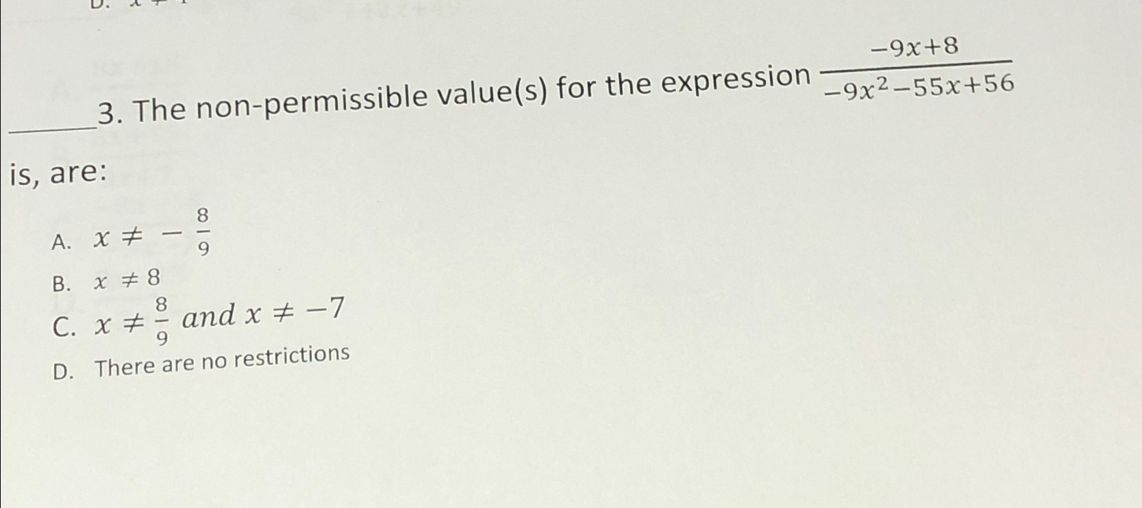 Solved The non-permissible value(s) ﻿for the expression | Chegg.com