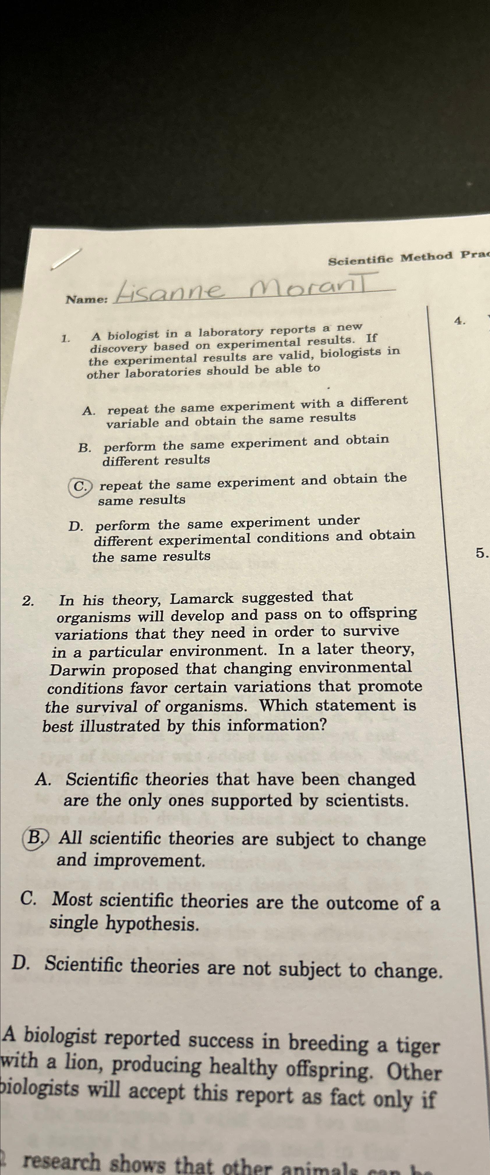 Solved Scientific Method PraName:Lisannemorant4.A biologist | Chegg.com