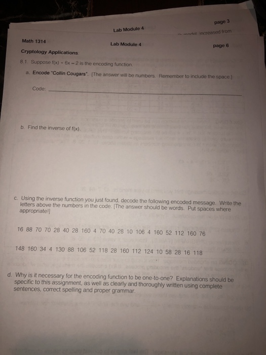 Solved Math 1314 Lab Module 4 page 5 8. Cryptology is the | Chegg.com