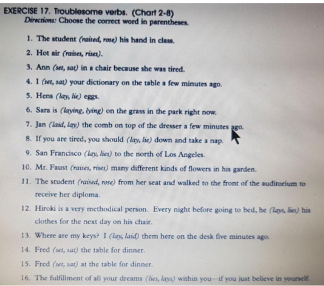 Solved EXERCISE 17. Troublesome verbs. (Chart 2-8) | Chegg.com