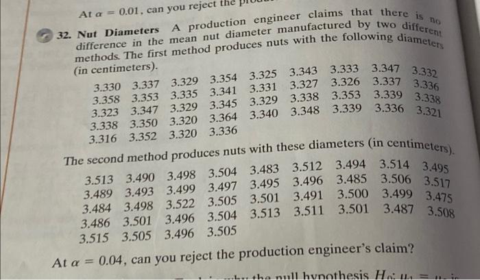 Solved At a = 0.01, can you reject the 32. Nut Diameters A | Chegg.com