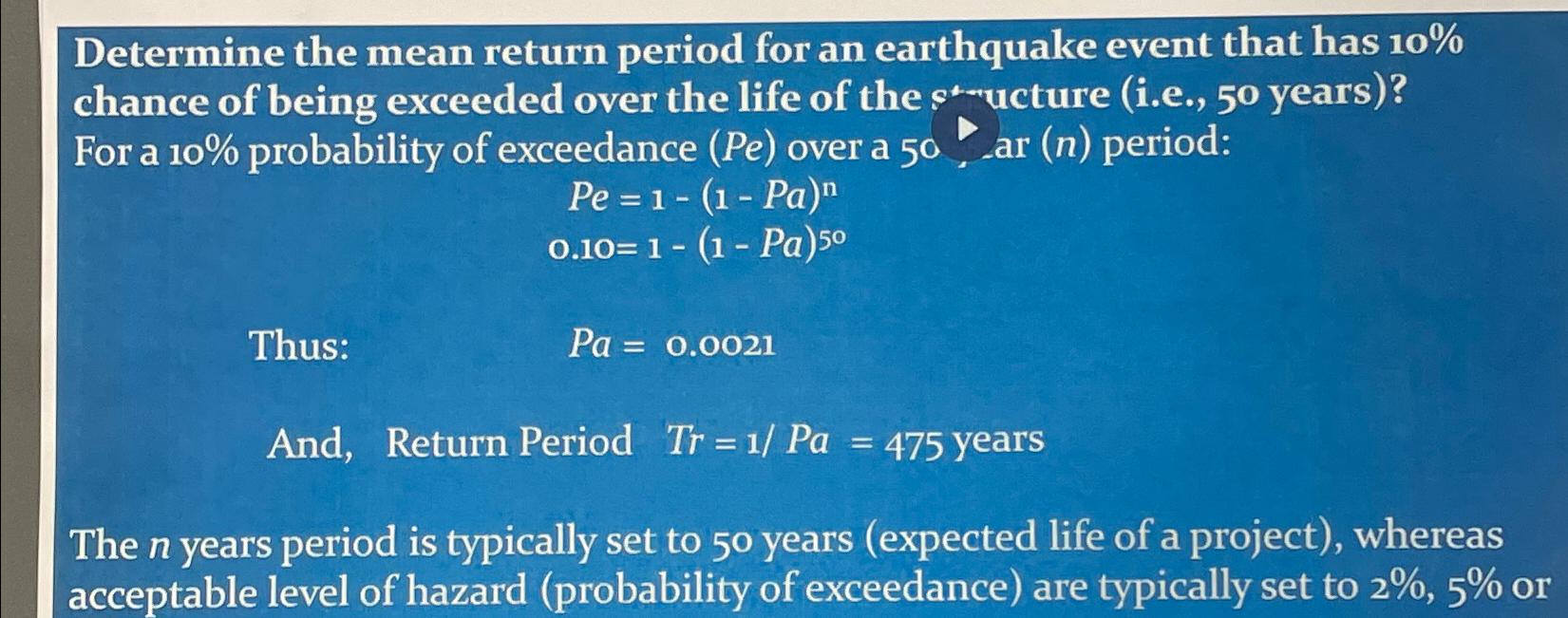 Solved Determine the mean return period for an earthquake | Chegg.com