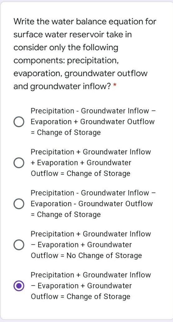 Solved Write the water balance equation for surface water | Chegg.com